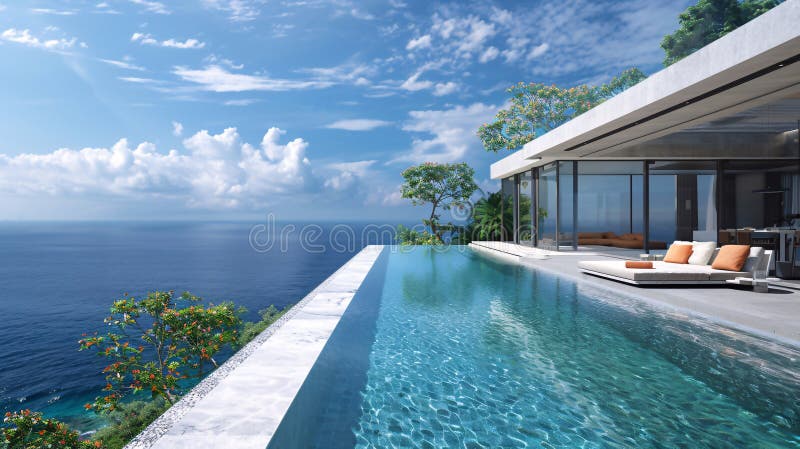 Oceanfront House with Pool. Generative by AI Stock Illustration ...