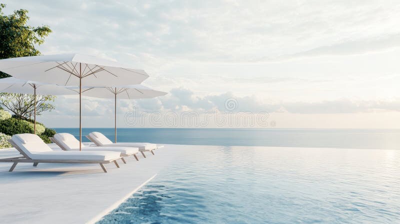 Oceanfront Infinity Pool with White Loungers and Umbrellas, Poolside ...