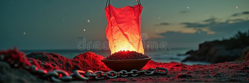 Oceanfront Lantern Lighting at Dusk with Glowing Embers and Chain Stock ...
