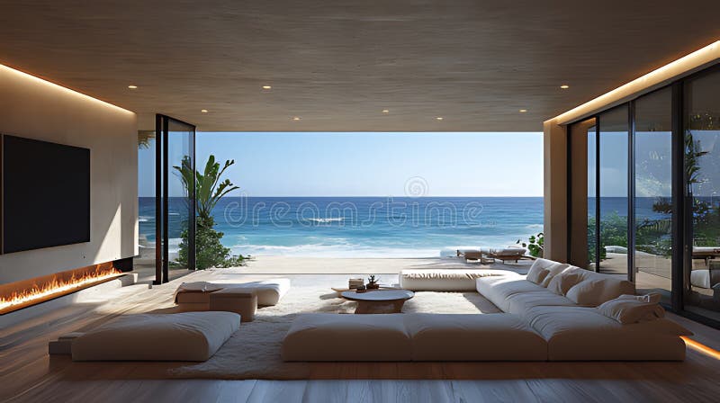 Oceanfront Living Room Luxury Beach House Interior Design Stock ...