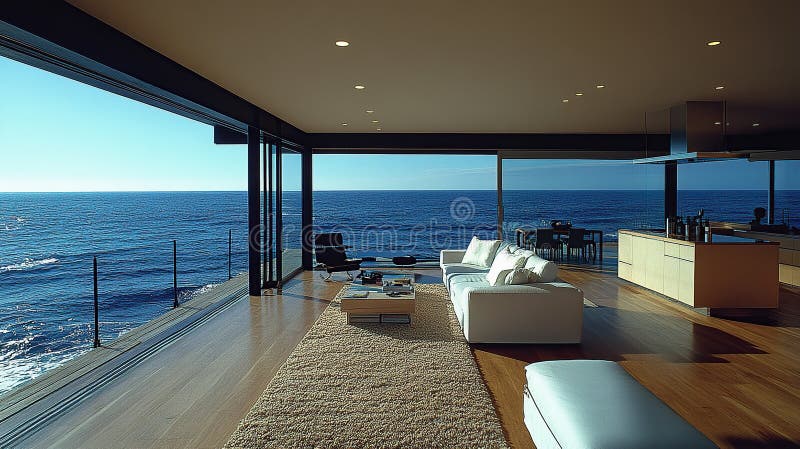 Oceanfront Living Room Sunset View Luxury Home Design Stock Photos ...