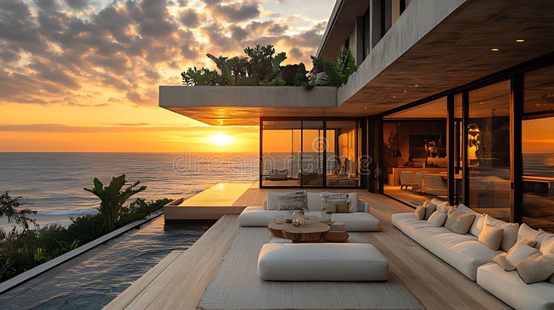 Oceanfront Luxury Home Sunset Terrace Design Stock Illustration ...