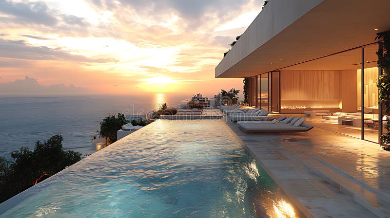 Oceanfront Luxury Villa Sunset Poolside Relaxation Stock Illustration ...