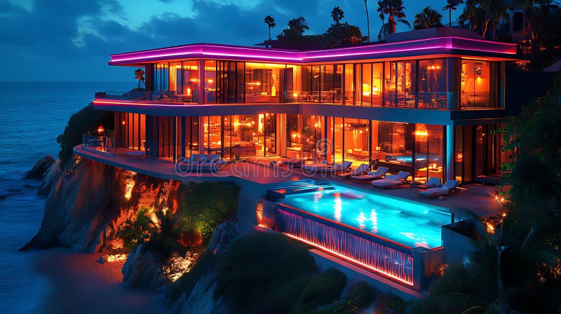 Oceanfront Mansion, Illuminated at Night, Cliffside, Luxury Real Estate ...