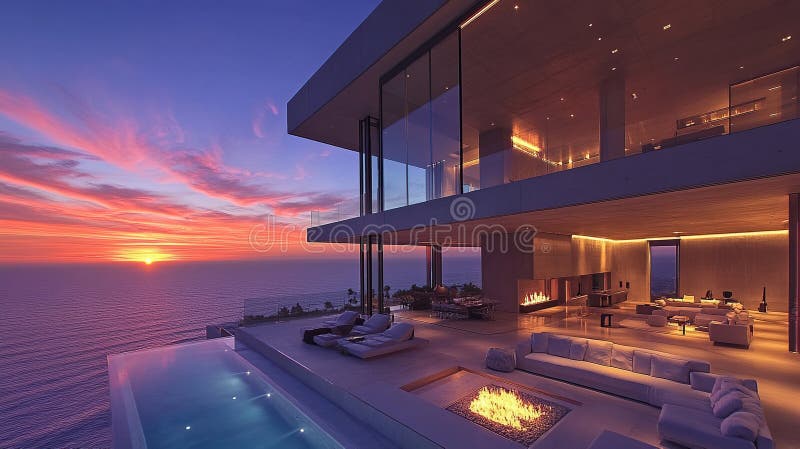 Oceanfront Mansion Sunset Luxury Poolside Relaxation Stock Illustration ...