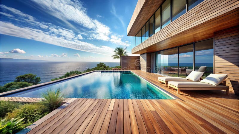 Oceanfront Modern Wood Deck, Infinity Pool, Azure Sky Stock ...