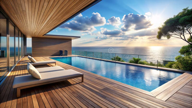 Oceanfront Poolside Perspective Wooden Deck, Sunset, Infinity Pool ...