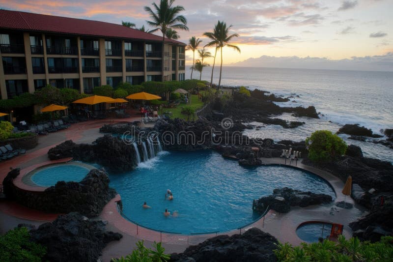 Oceanfront Resort Pool at Sunset with Volcanic Rock and Waterfall ...