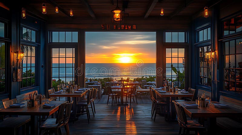 Oceanfront Restaurant Interior with Sunset View Stock Illustration ...