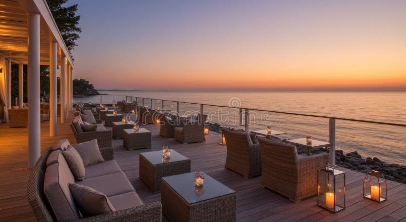 Oceanfront Restaurant Patio at Sunset Stock Illustration - Illustration ...