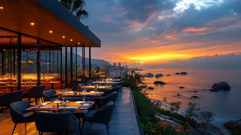 Oceanfront Restaurant with Sunset View, Tables Set for Dinner Stock ...
