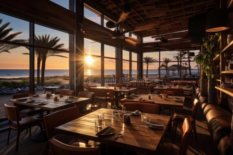 Oceanfront Restaurant with Sunset Views Stock Illustration ...