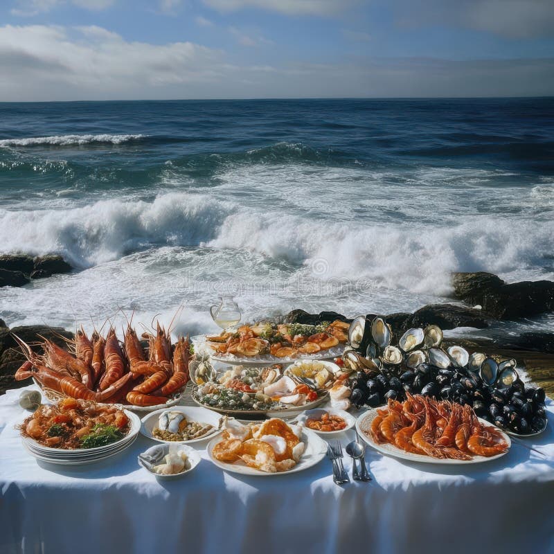 Oceanfront Seafood Feast, a Table Set with Fresh Catch Stock ...