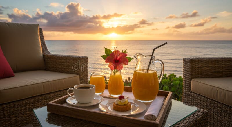 Oceanfront Sunrise Breakfast: Orange Juice and Pastry on Patio Stock Illustration - Illustration ...