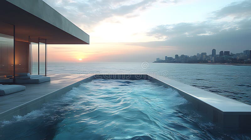 Oceanfront Sunset Villa Infinity Pool Stock Illustration - Illustration ...