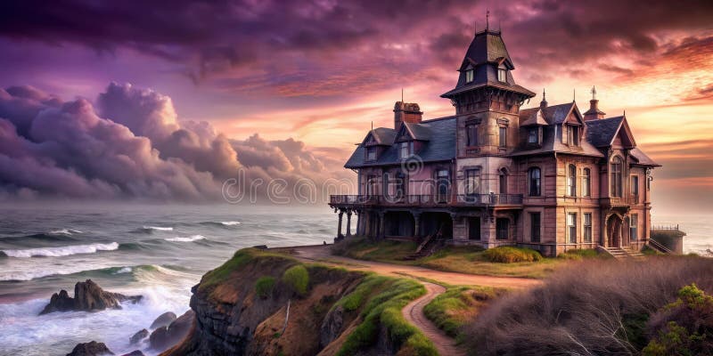 Oceanfront Victorian Mansion at Sunset with Dramatic Clouds. Generative ...