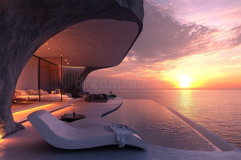Oceanfront Villa Infinity Pool at Sunset, Modern Architecture, Lounge ...