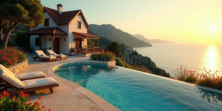 Oceanfront Villa with Infinity Pool and Sunset Views. Generative AI Stock Illustration ...