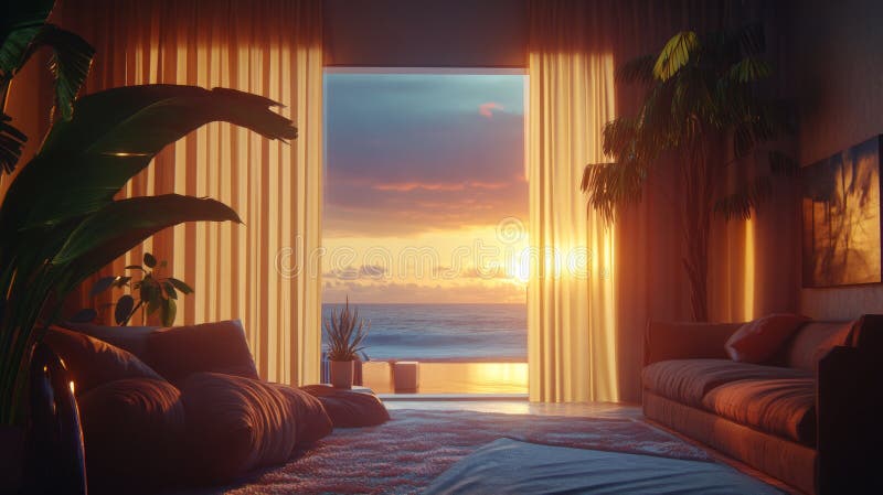 Oceanfront Villa Luxury Living Room Interior Design during Sunset Hours ...