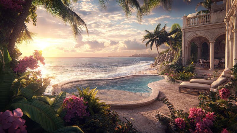 Oceanfront Villa Offering Relaxation by the Pool at Sunset in a ...