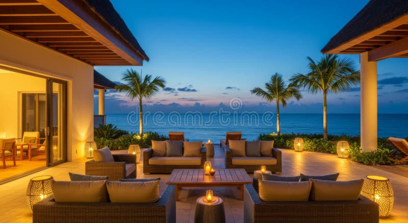 Oceanfront Villa Patio at Sunset Stock Illustration - Illustration of ...
