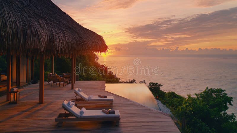 Oceanfront Villa at Sunset with Infinity Pool Stock Illustration ...