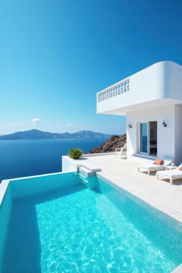 Oceanfront White House, Infinity Pool, Blue Sky, Home, Paradise Stock Illustration ...