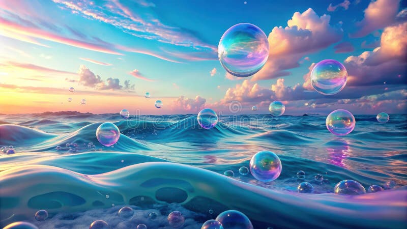 Oceanic Dreamscape Iridescent Bubbles Drifting Across a Serene Sunset ...