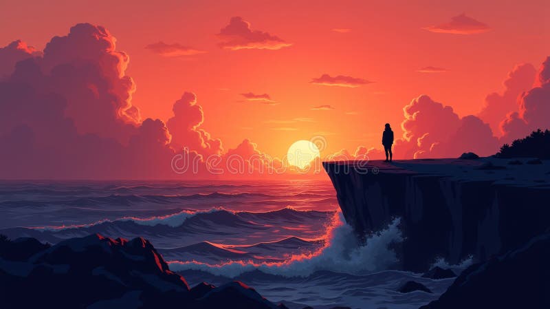 Oceanic Embrace: the Sunset Silhouette of Solitude Stock Illustration ...