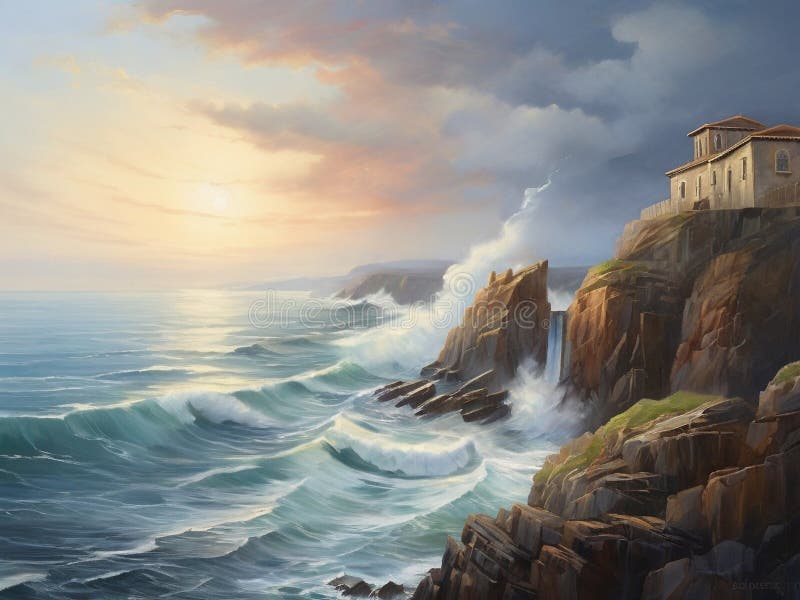 Oceanic Overture: Waves and Cliffs Collide Stock Illustration ...