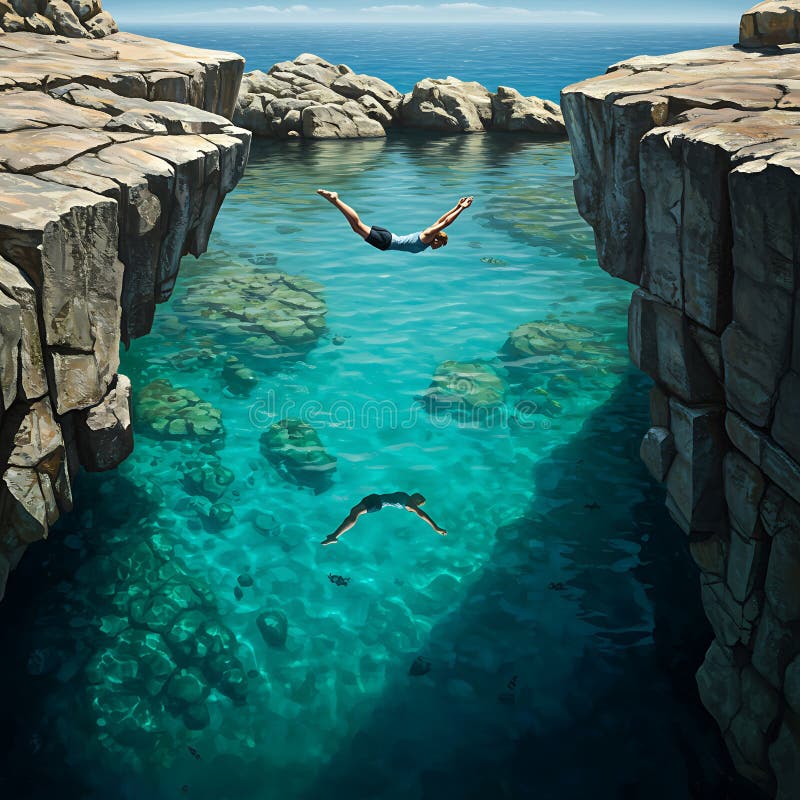Oceanic Plunge: Two Figures Dive into Turquoise Waters between Dramatic ...