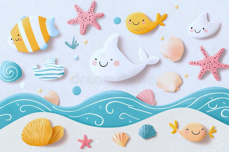 An Oceanic Theme with Seashells, Waves and Cheerful Sea Creatures Over a Soft Sandy Gradient ...