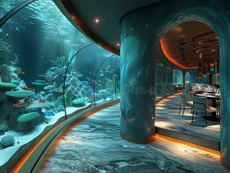 Oceanic Themed Aquarium Restaurant with Floor-to-ceiling Tanks Stock ...