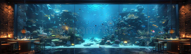 Oceanic Themed Aquarium Restaurant with Floor-to-ceiling Tanks3D Render ...