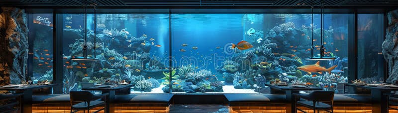 Oceanic Themed Aquarium Restaurant with Floor-to-ceiling Tanks3D Render ...