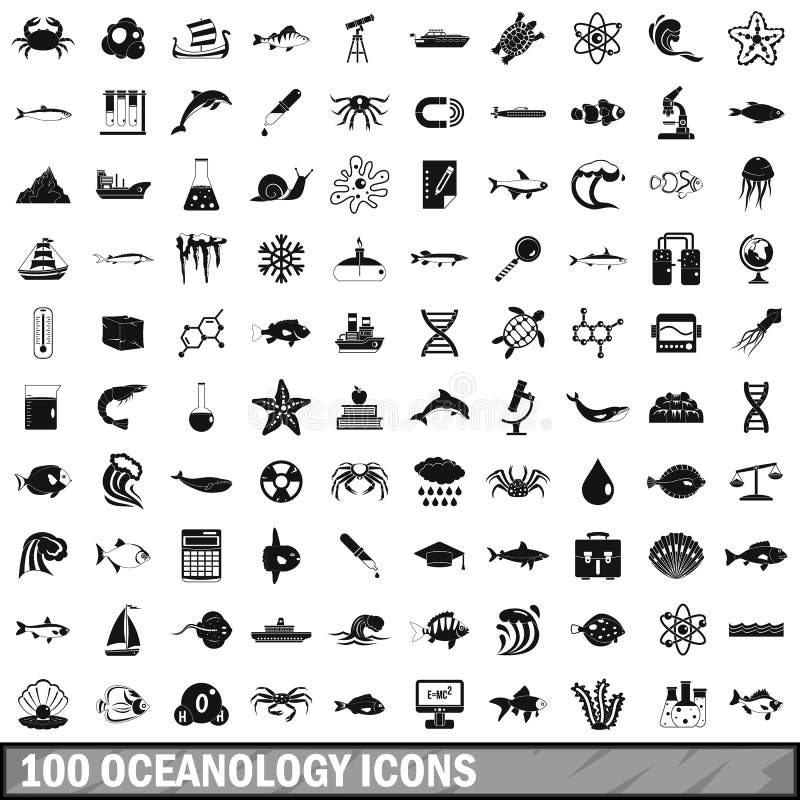 100 Oceanology Icons Set, Simple Style Stock Vector - Illustration of ...