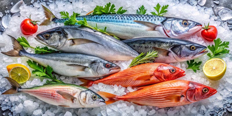 Oceans Bounty Freshly Caught Cod Salmon Tuna and Swordfish Displayed on ...