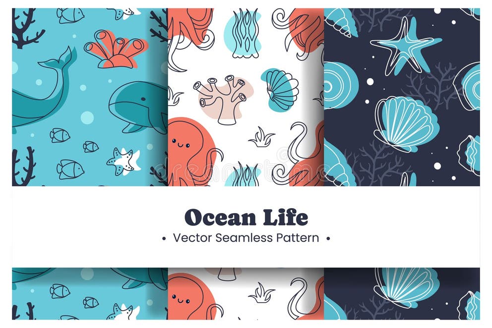 Oceans Seamless Pattern Design Featuring Ocean Decorative Elements in a Cartoon Flat Style ...