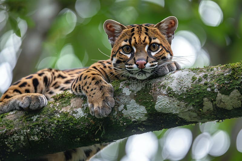 Ocelot, Full Body Shot, Sitting on a Tree Branch in a Rainforest Stock ...