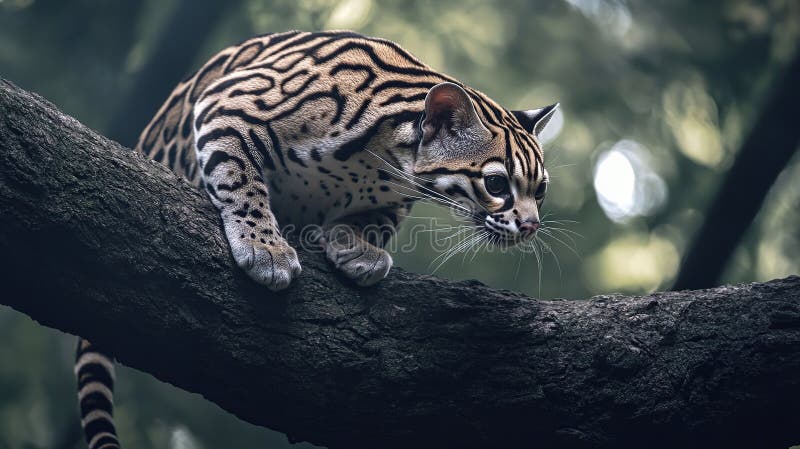 Ocelot Perched on a Tree Branch in a Forest, Looking Down Stock Photo ...