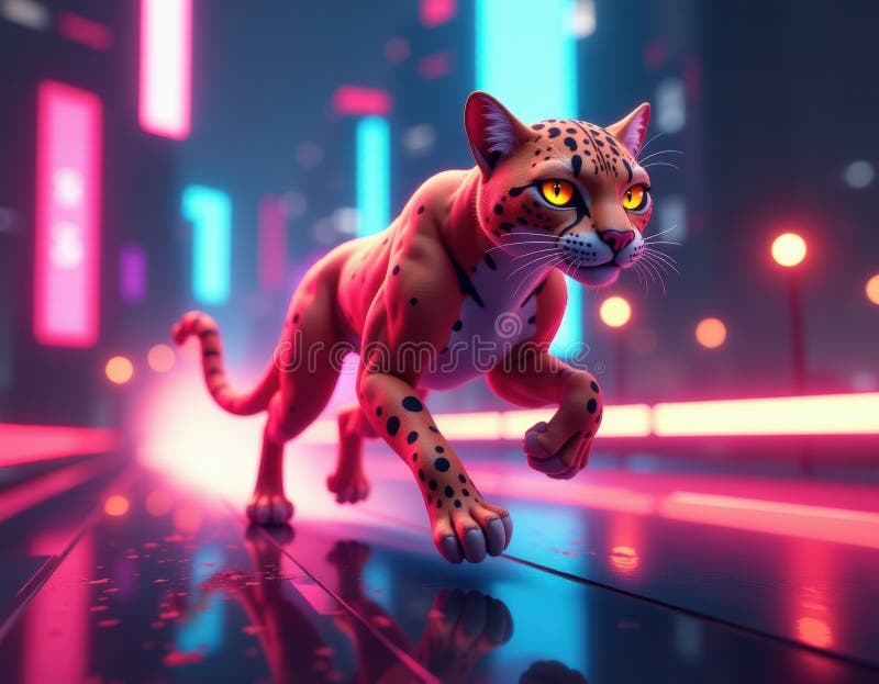 Ocelot Running through Neon City Stock Illustration - Illustration of ...