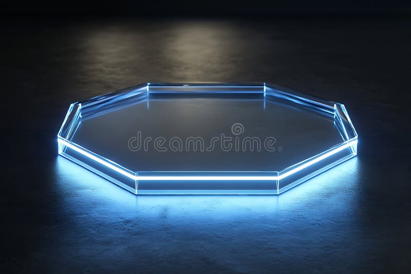 Octagon Glass with Neon Blue Light on Black Reflective Surface, Modern ...