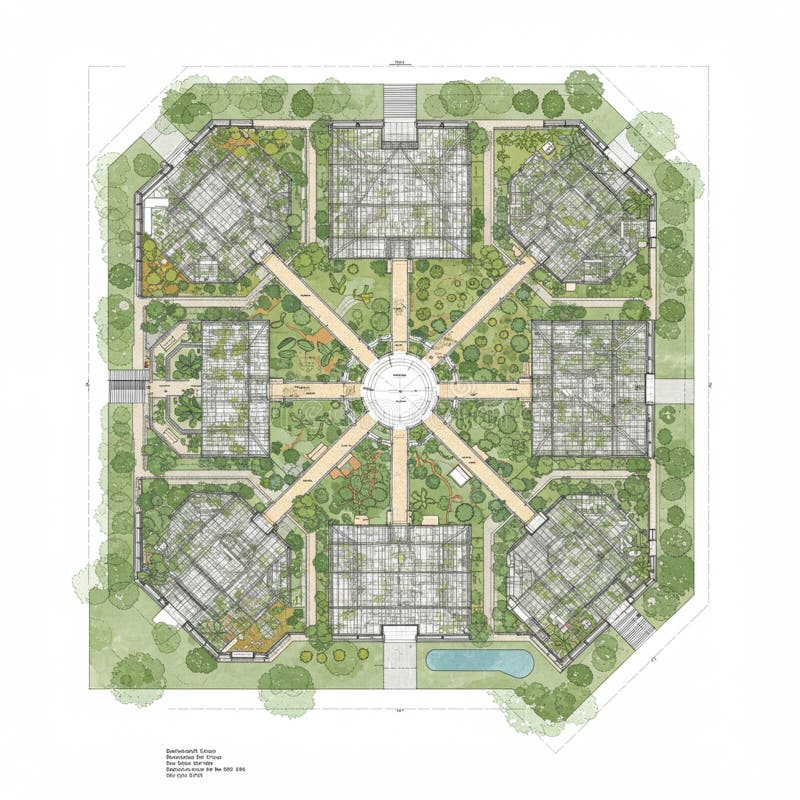 Octagonal Architectural Plan Featuring a Central Circular Courtyard ...