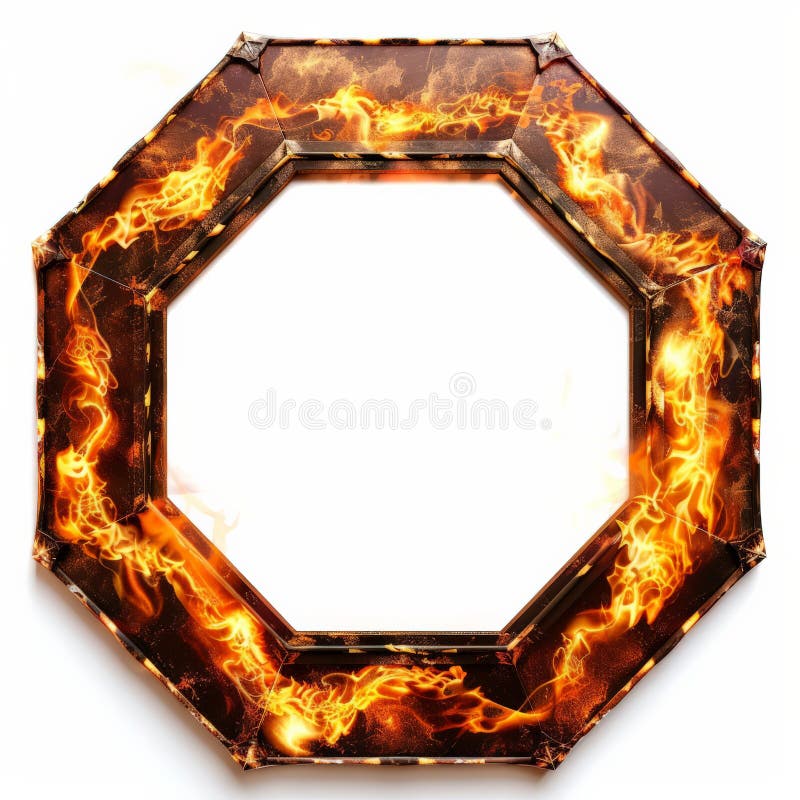 An Octagonal Fire Frame with Roaring Flames Flickering Along the Edges, Isolated on White Stock ...