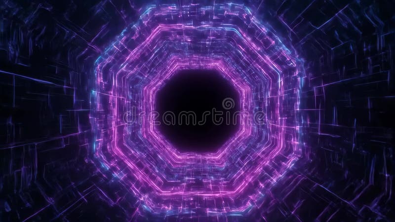 Octagonal Neon Tunnel with Fluorescent Blue and Magenta Lights on Dark ...