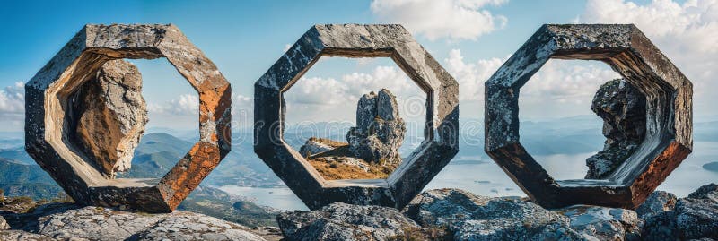 Octagonal Stone Frames with Scenic Mountain and Ocean View. Stock ...