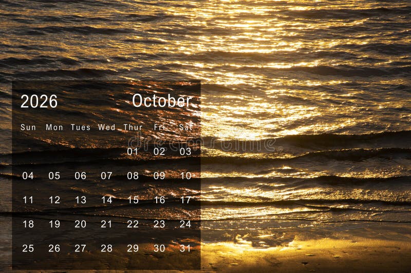 October Calendar with Beautiful Beach Wave Background. Calendar and ...