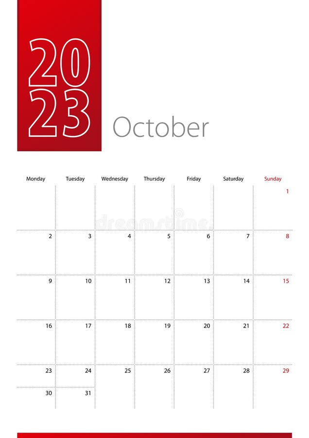 October 2023 Calendar Design. Week Starts on Monday. Vertical Calendar ...