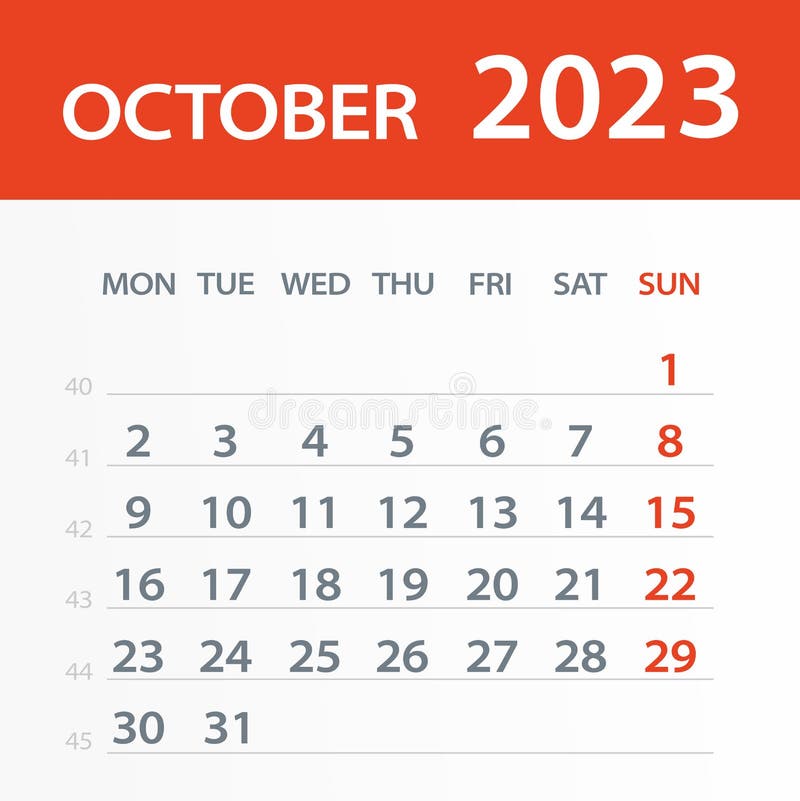 October 2023 Calendar Leaf - Vector Illustration. Week Starts on Monday ...