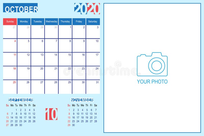 October 2020 Calendar Monthly Planner Design Stock Vector ...